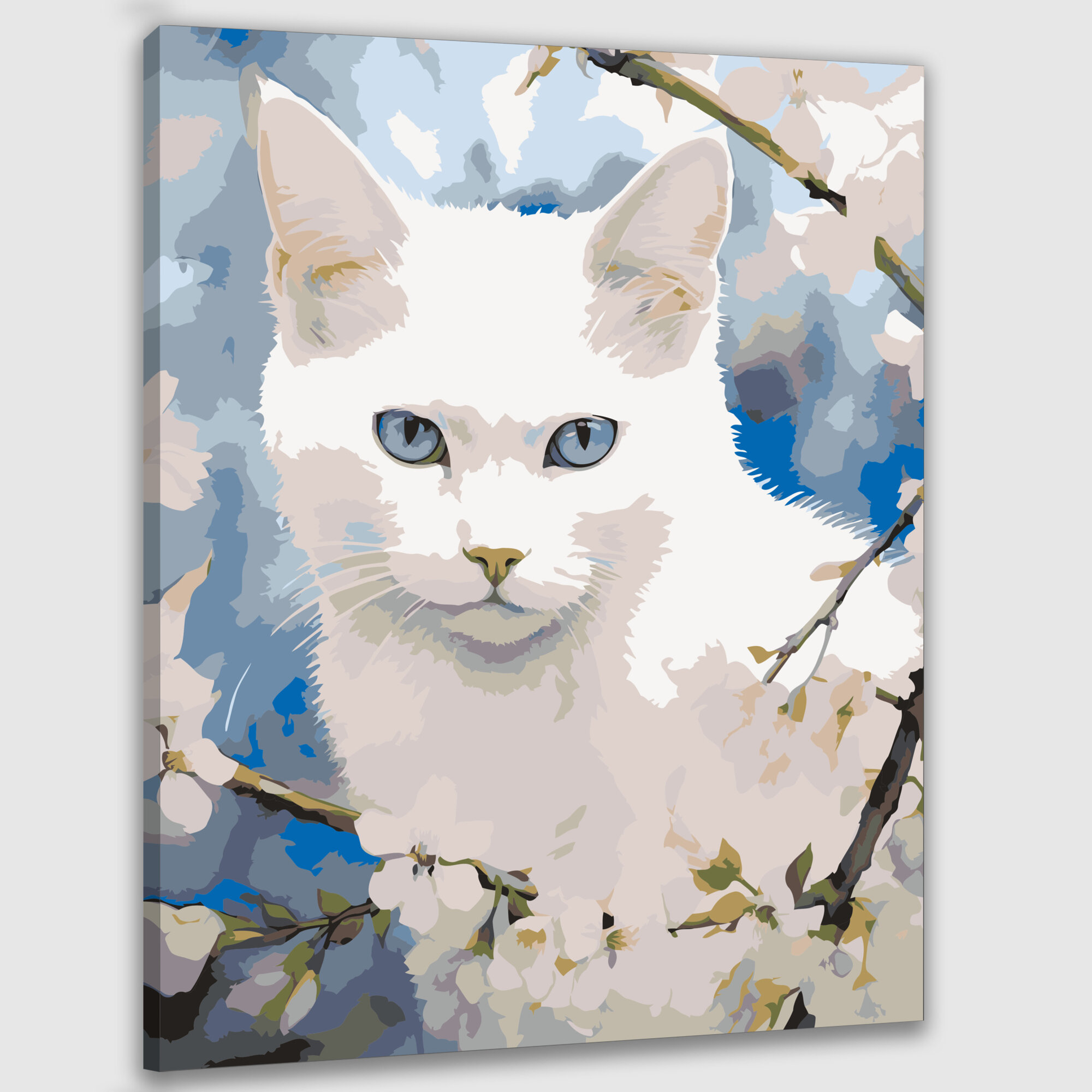 Картина по номерам 40x50 см, кошка, акварель, иллюстрация, гетерохромные глаза, голубой глаз, зеленый глаз, вишня