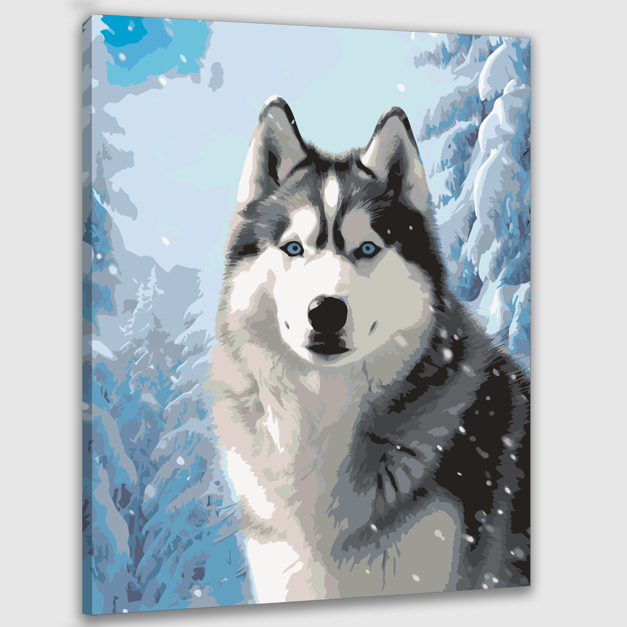 Картина по номерам 40x50 см, хаски, зимний пейзаж, снег, сосны, фотография, иней, глаза, чудо, приключения