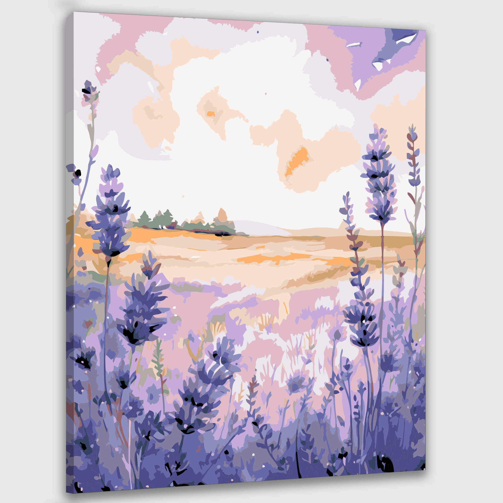 Картина по номерам 40x50 см, акварельная иллюстрация, лавандовое поле, солнце, цветы, фиолетовый, ветерок