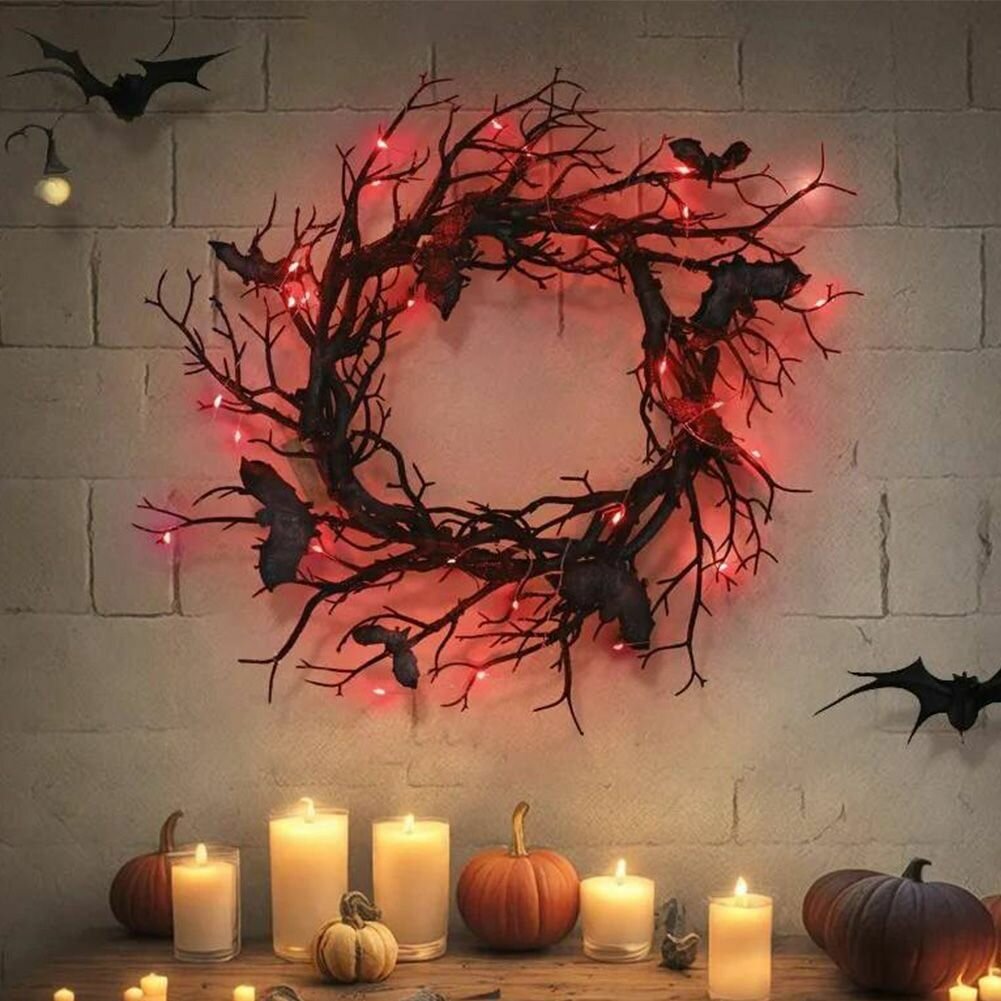 Венки ручной работы, ветви черной летучей мыши, украшения для Хэллоуина (со подсветкой)