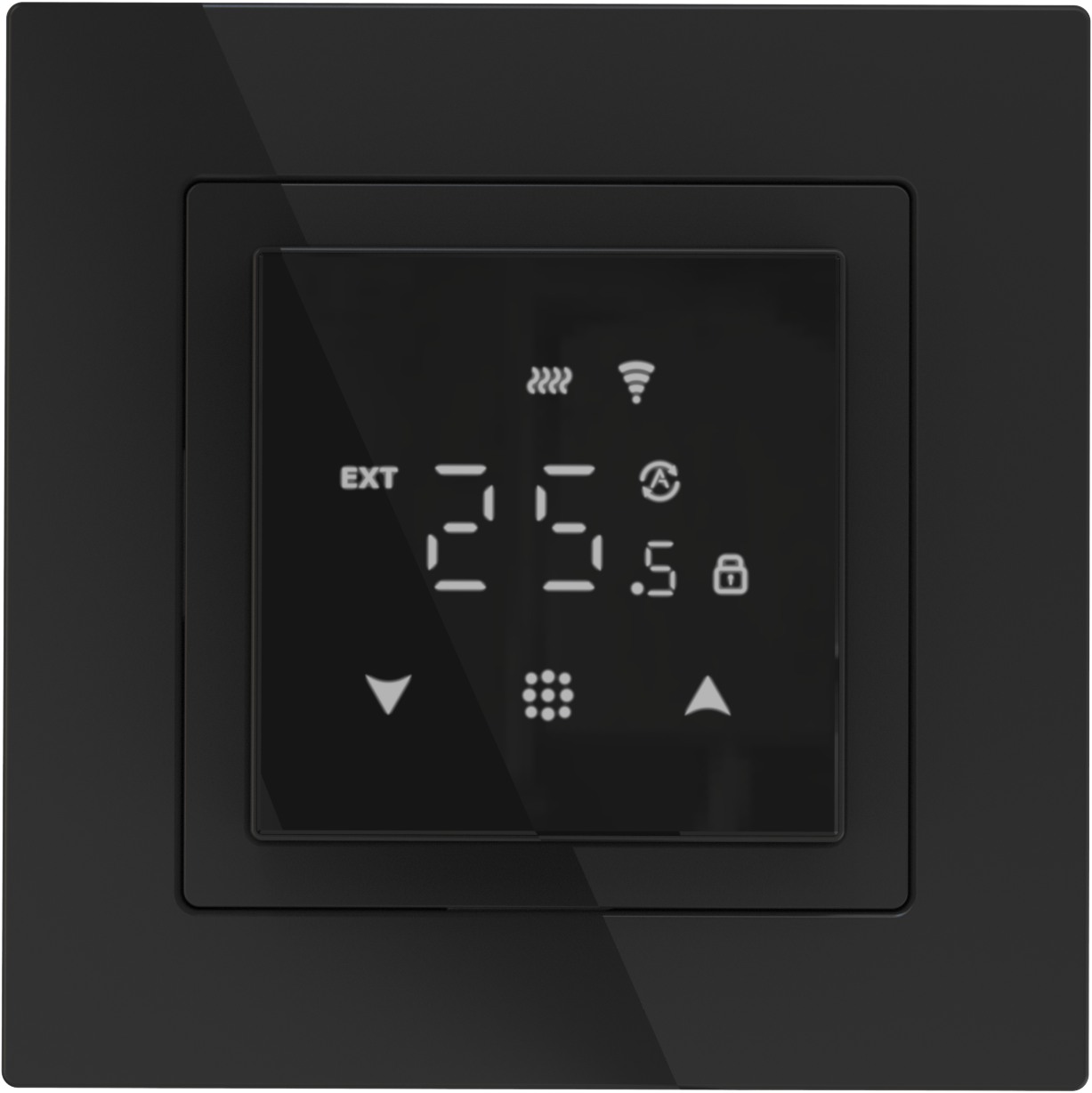 Термостат с датчиками пола и воздуха программируемый, 16A, накладка 45х45мм, цвет стекло черное, Donel