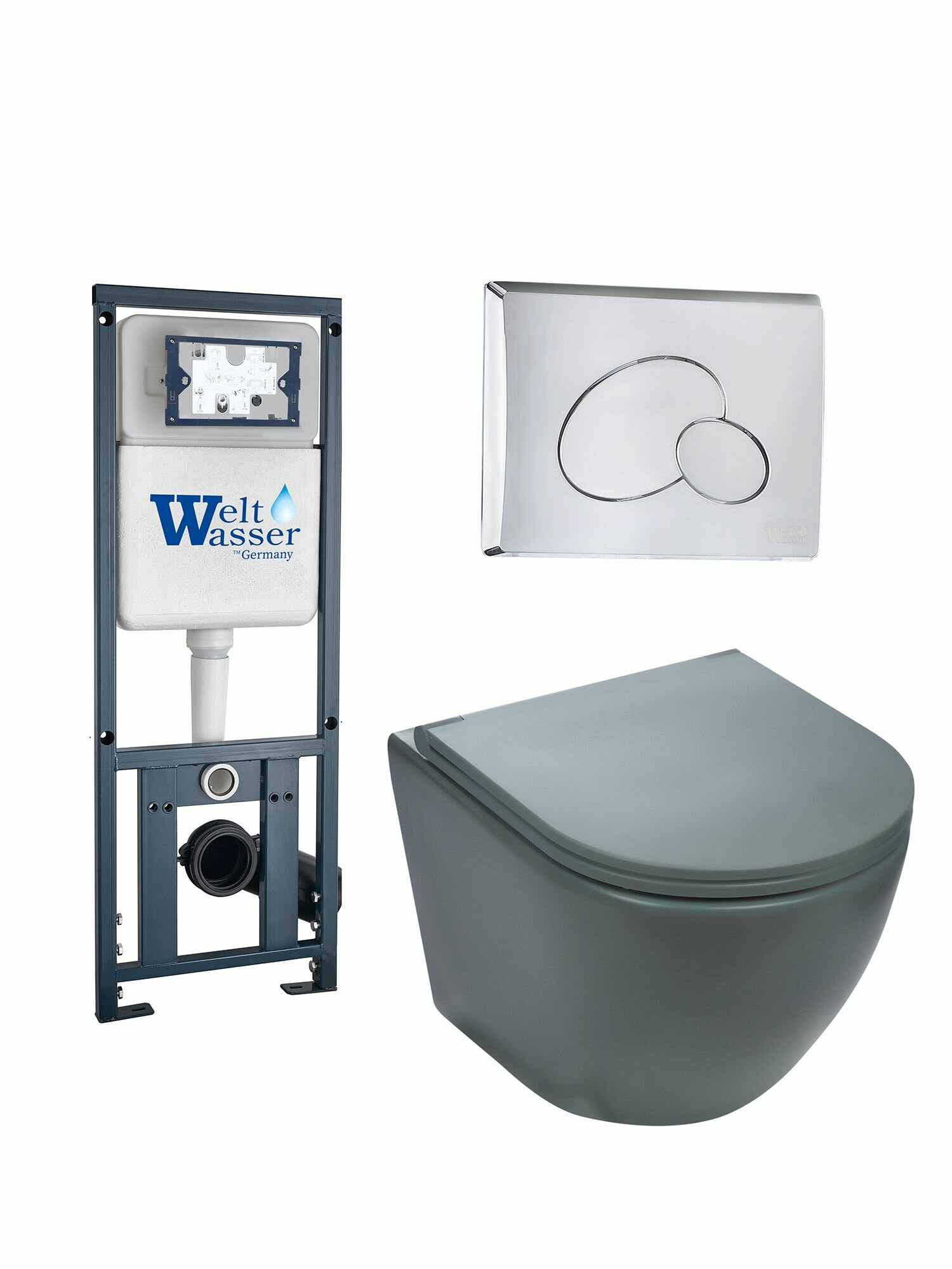 Комплект 6 в 1 WeltWasser: подвесной унитаз MERZBACH 043 MT-GR серый+кнопка смыва MAR 410 RD-CR хром+инсталляция MARBERG 410