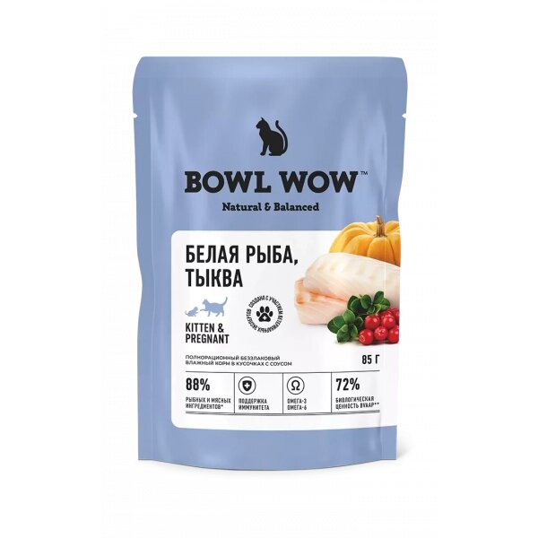 BOWL WOW Пауч для котят с Белой рыбой и Тыквой 85 гр x 12 шт.