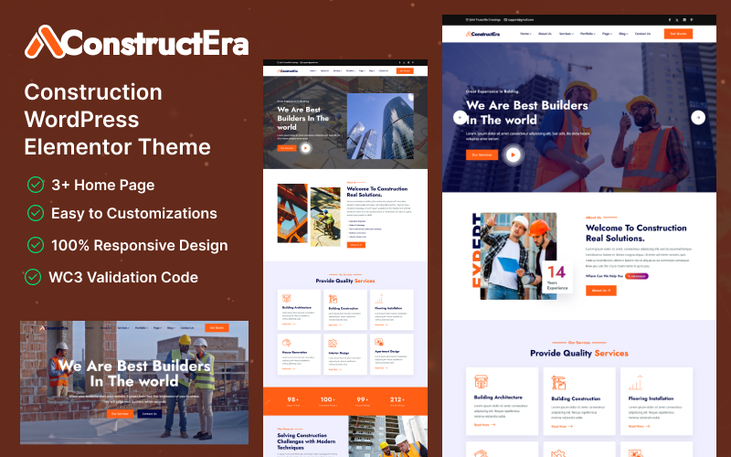 Подарочный сертификат на Шаблон для сайта Вордпресс с демоконтентом ConstructEra – Construction WordPress Elementor Theme WordPress Theme