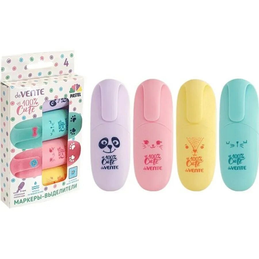 Набор маркеров текстовыделителей 4 шт 100% Cute пастельные цвета: желтый розовый фиолетовый мятный
