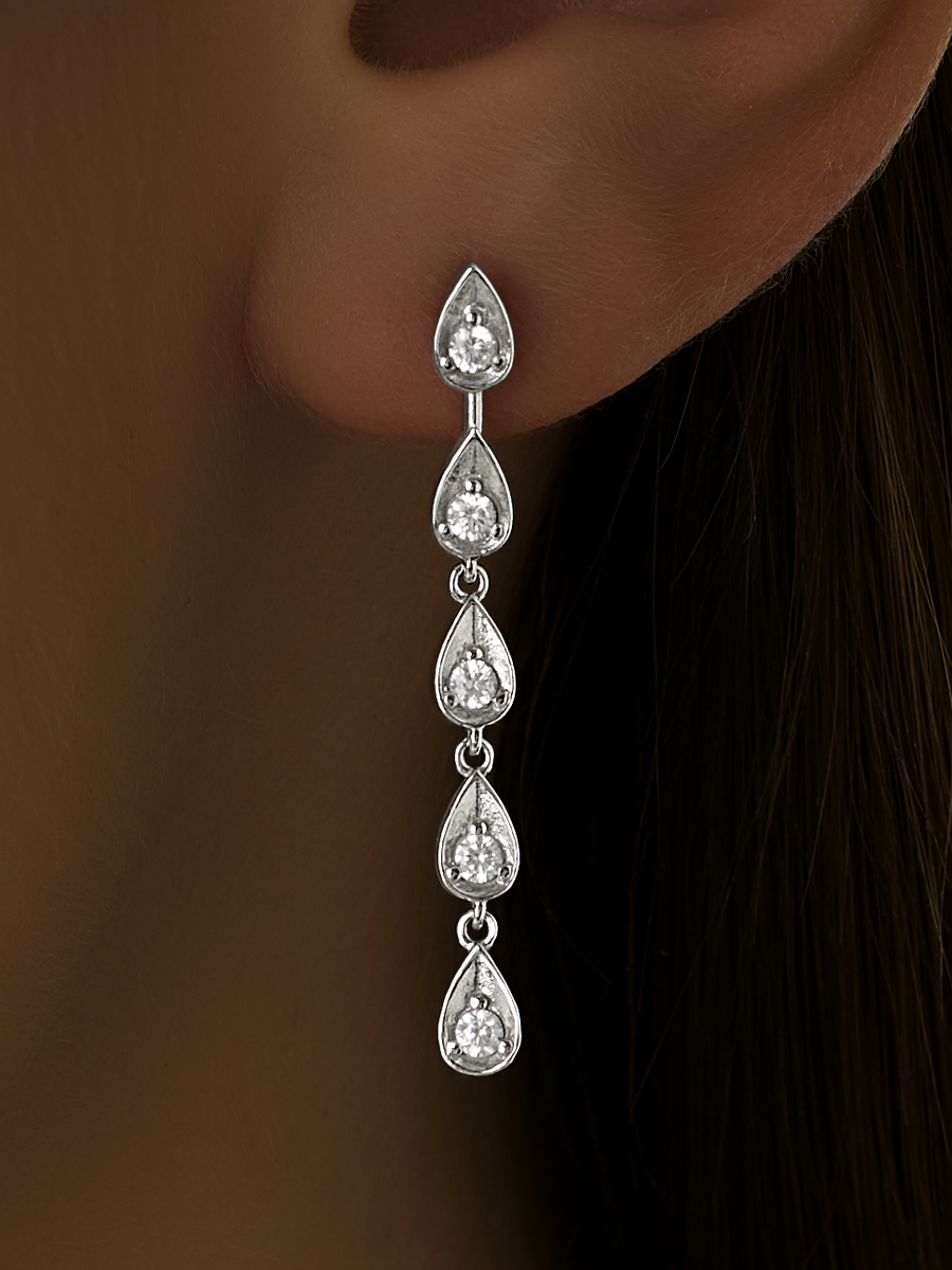 Серьги с подвесками, серебро, 925 проба, родирование, фианит