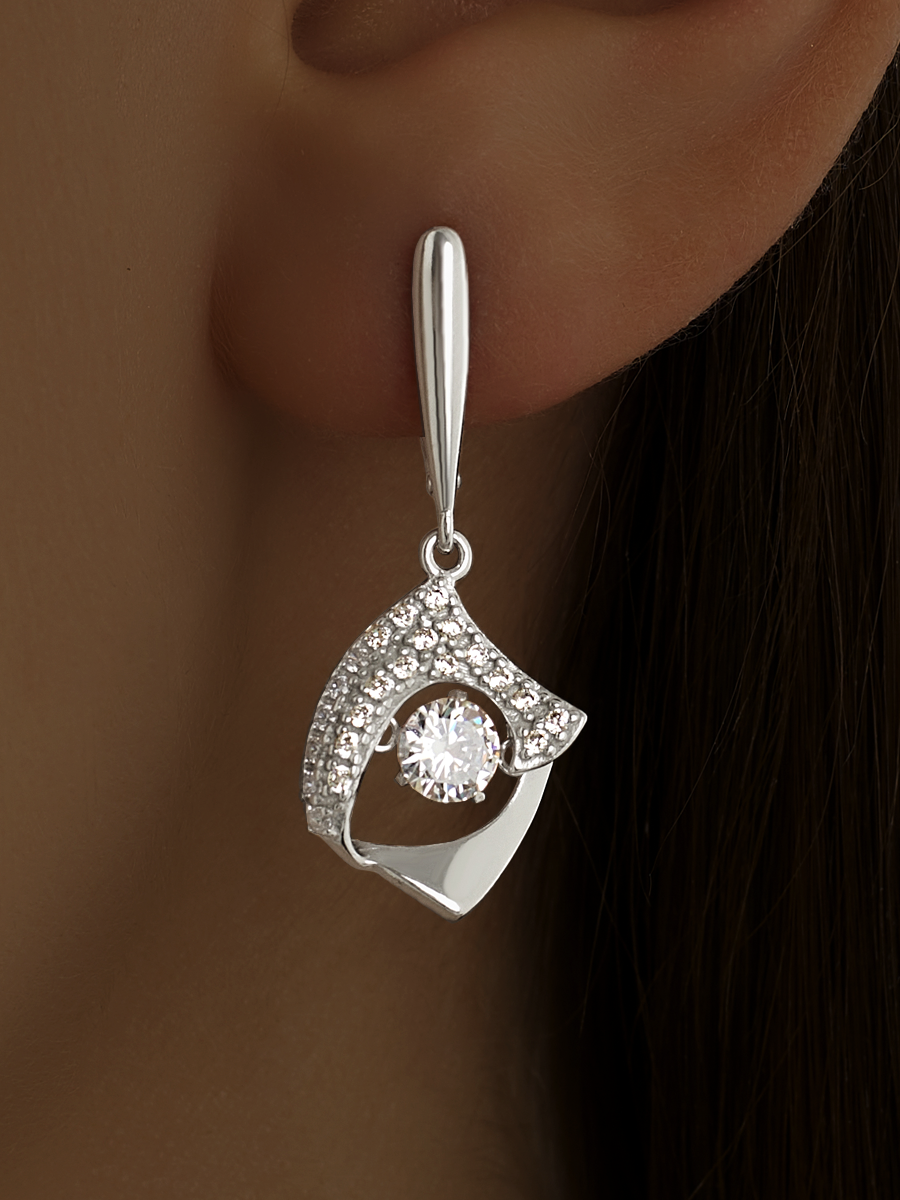 Серьги с подвесками, серебро, 925 проба, родирование, фианит