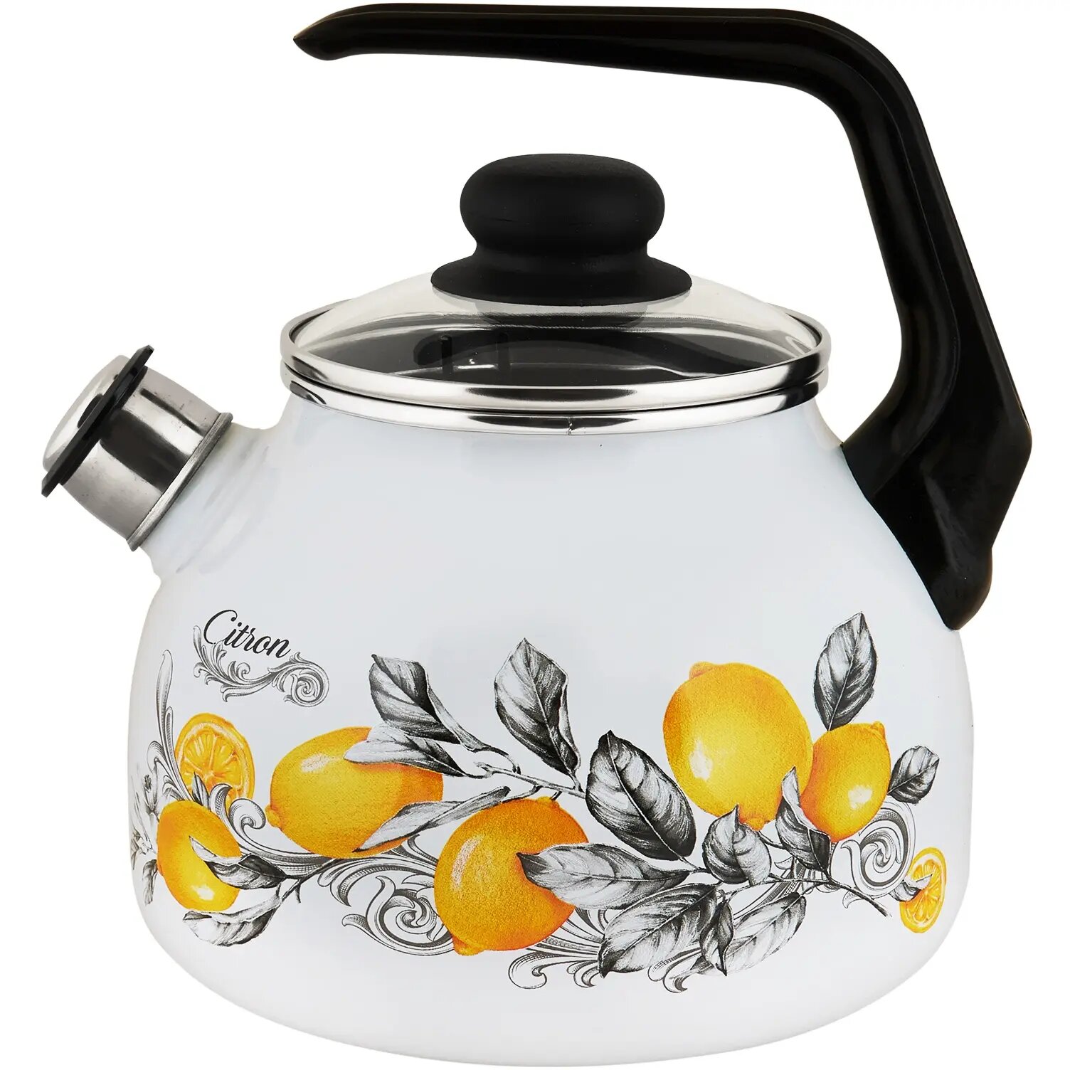 Чайник эмалированный 3л со свистком, серия 'CITRON', белый с рисунком лимонов