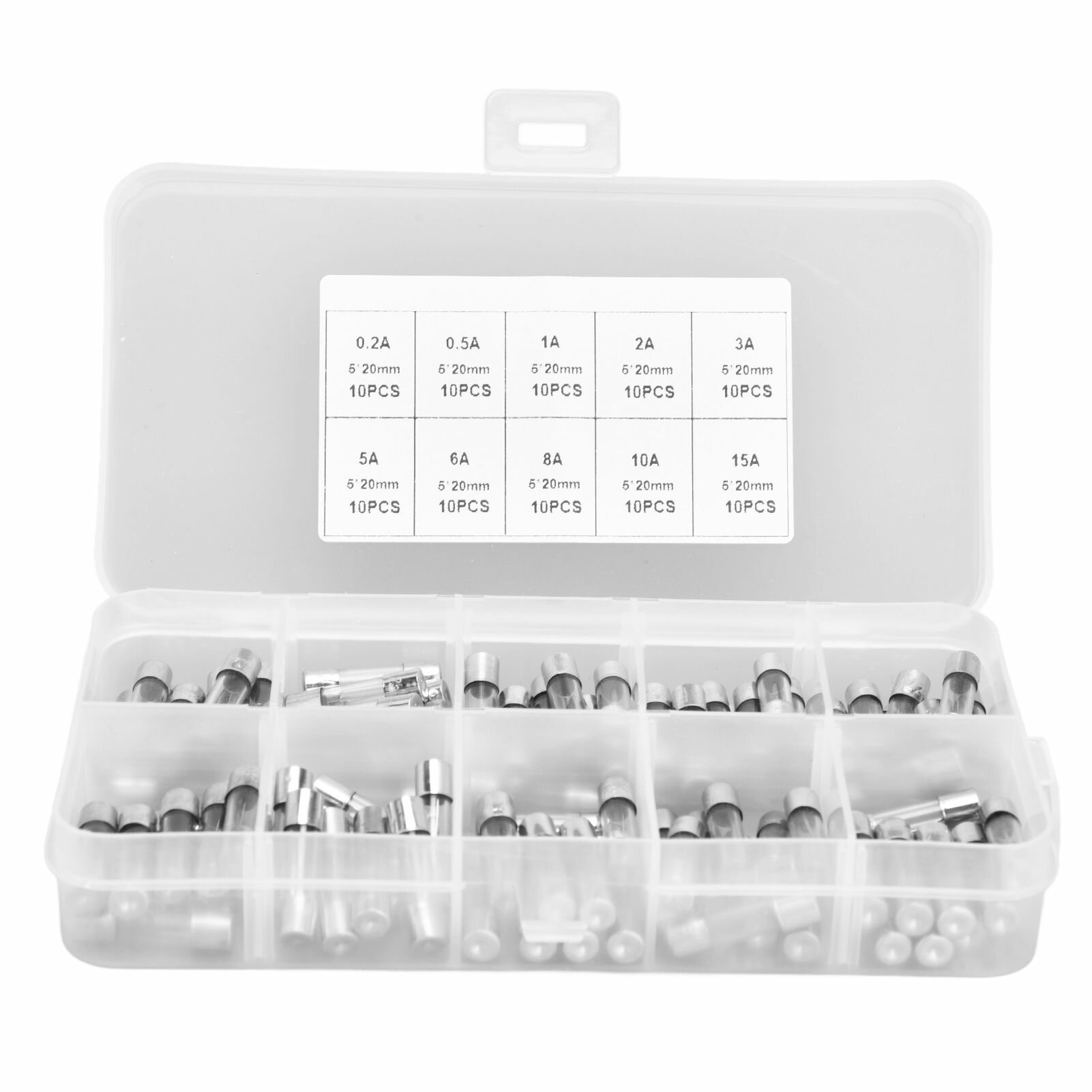 100шт набор стеклянных предохранителей 0.2-20А