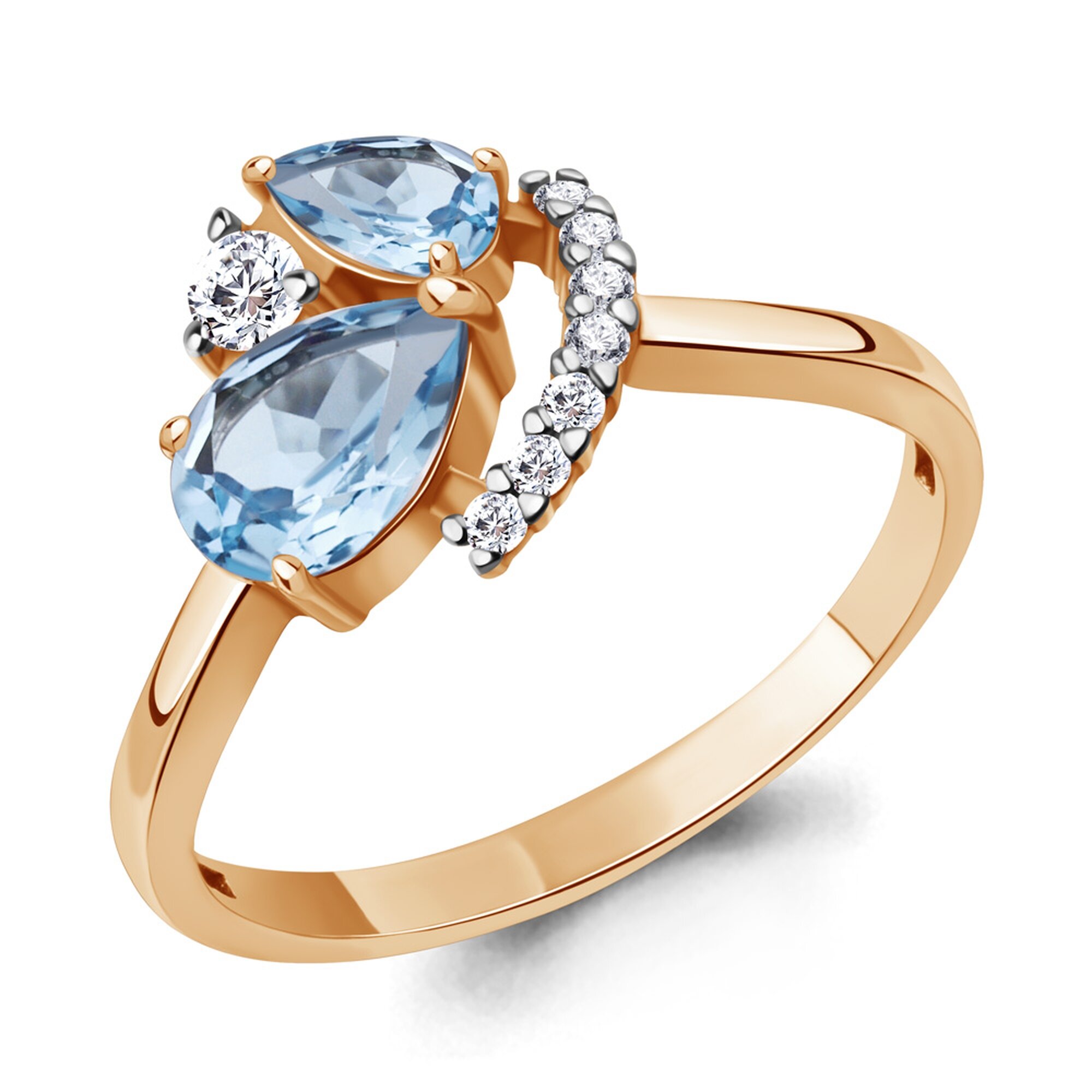 Кольцо, серебро, 925 проба, золочение, фианит, топаз