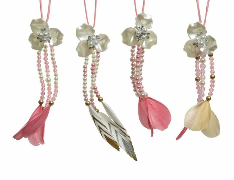 Набор ёлочных игрушек жемчужные эдельвейсы, пластик, перо, 25 см, 4 шт, Kaemingk 520242-набор