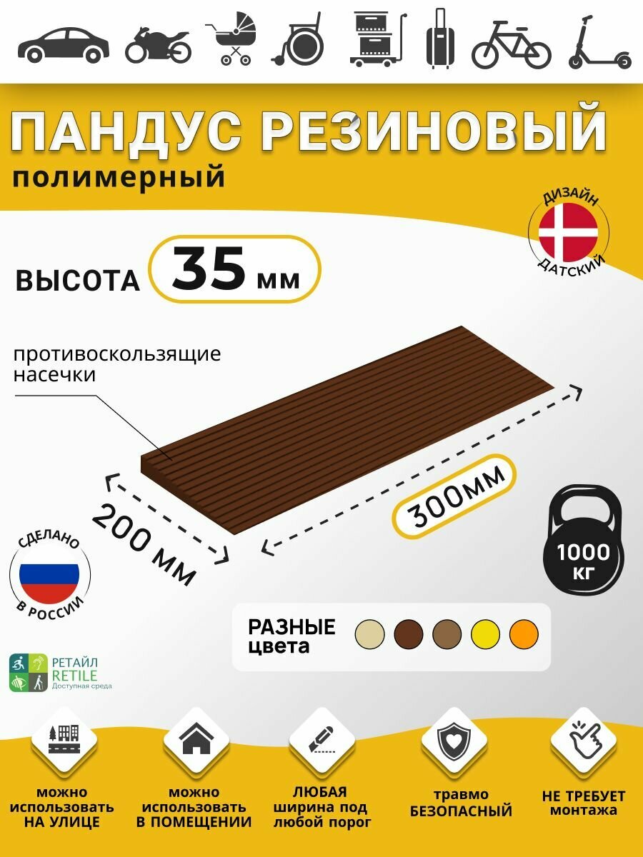 Пандус резиновый рубеж для порогов высотой 3,5 см (35х300х200 мм), темно-коричневый, для колясок, склада и автомобилей