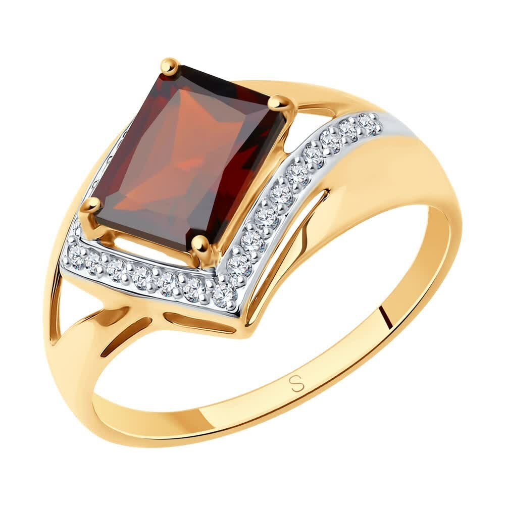 Кольцо, золото, 585 проба, фианит, гранат