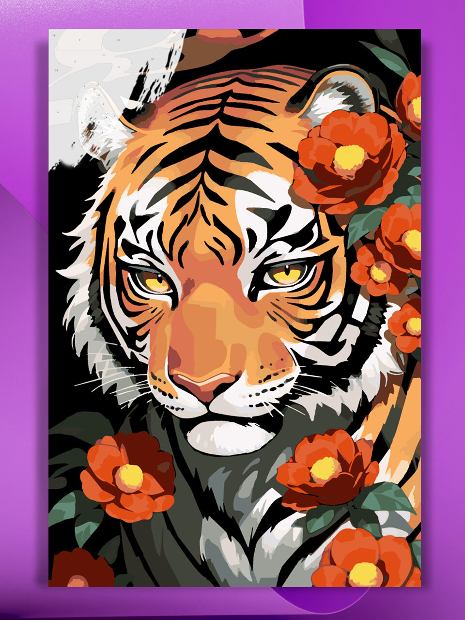 Картина по номерам на холсте Китайский тигр в красных цветах, 40 х 60 см