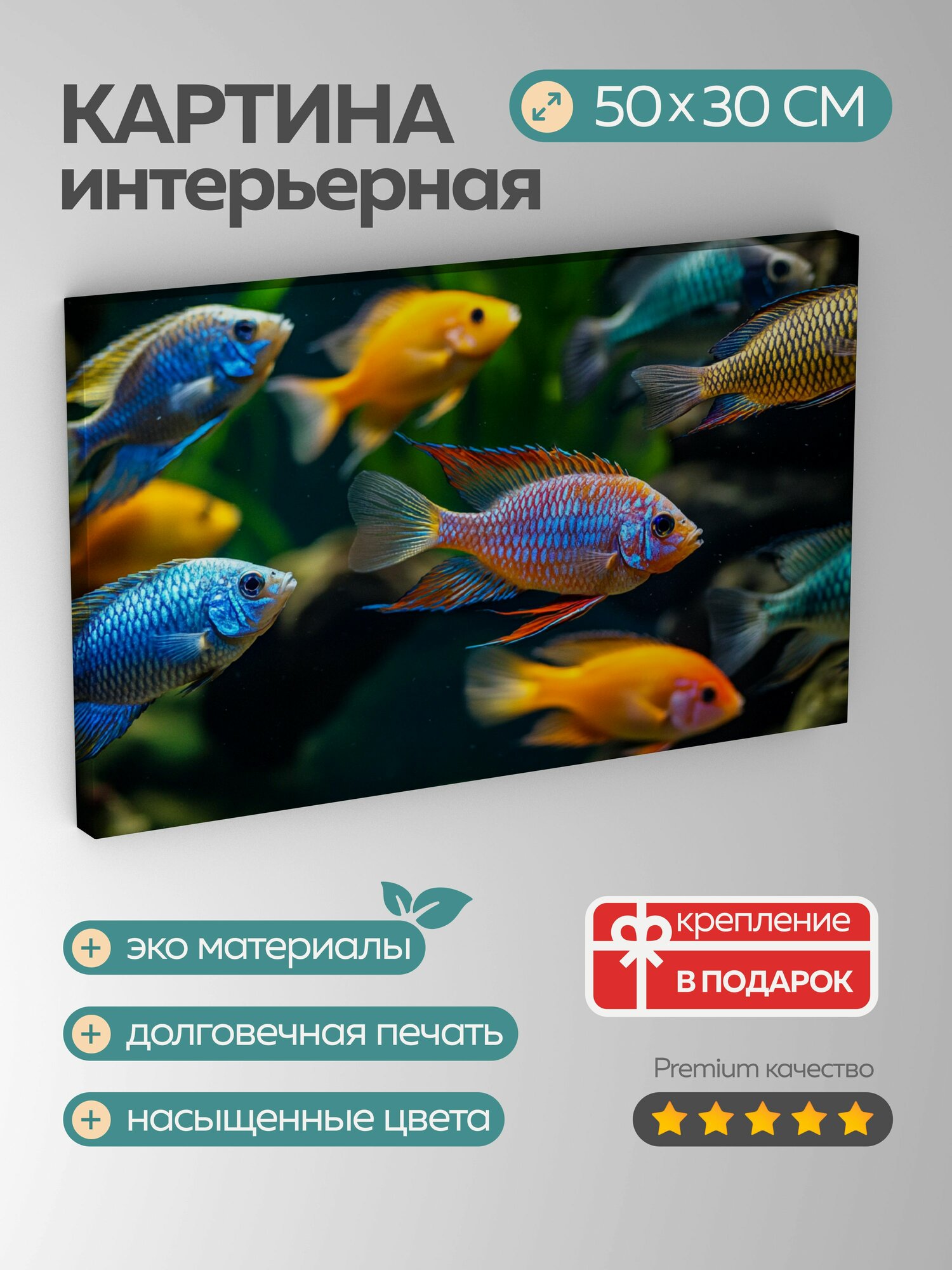 Картина на холсте интерьерная 50х30 см, аквариум, рыбы, экзотические, чешуя, радужная, свет, краски, грация, подводный