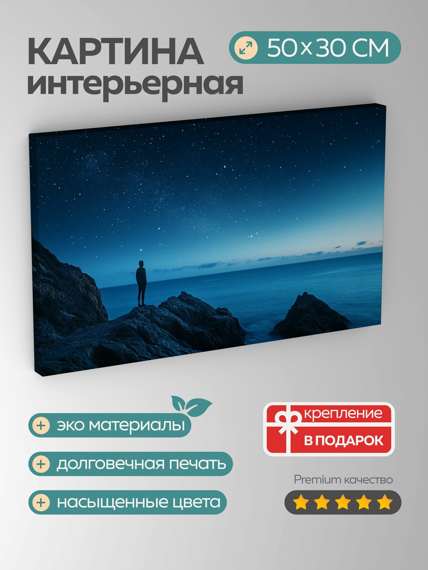 Картина на холсте интерьерная 50х30 см, Фигура, скалистый берег, океан, ночное небо, звезды, одиночество, созерцание