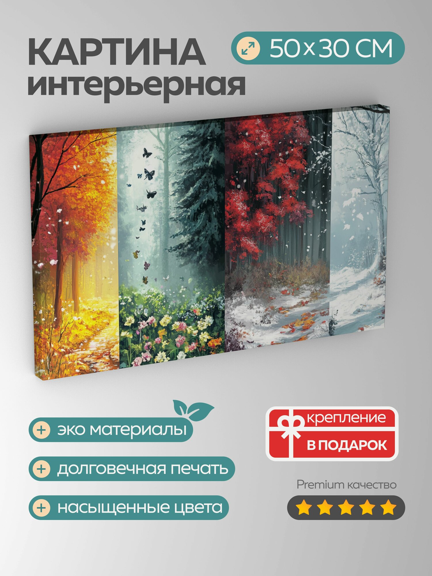 Картина на холсте интерьерная 50х30 см, времена года, цифровая картина, яркие краски, замысловатые детали, весна, лето