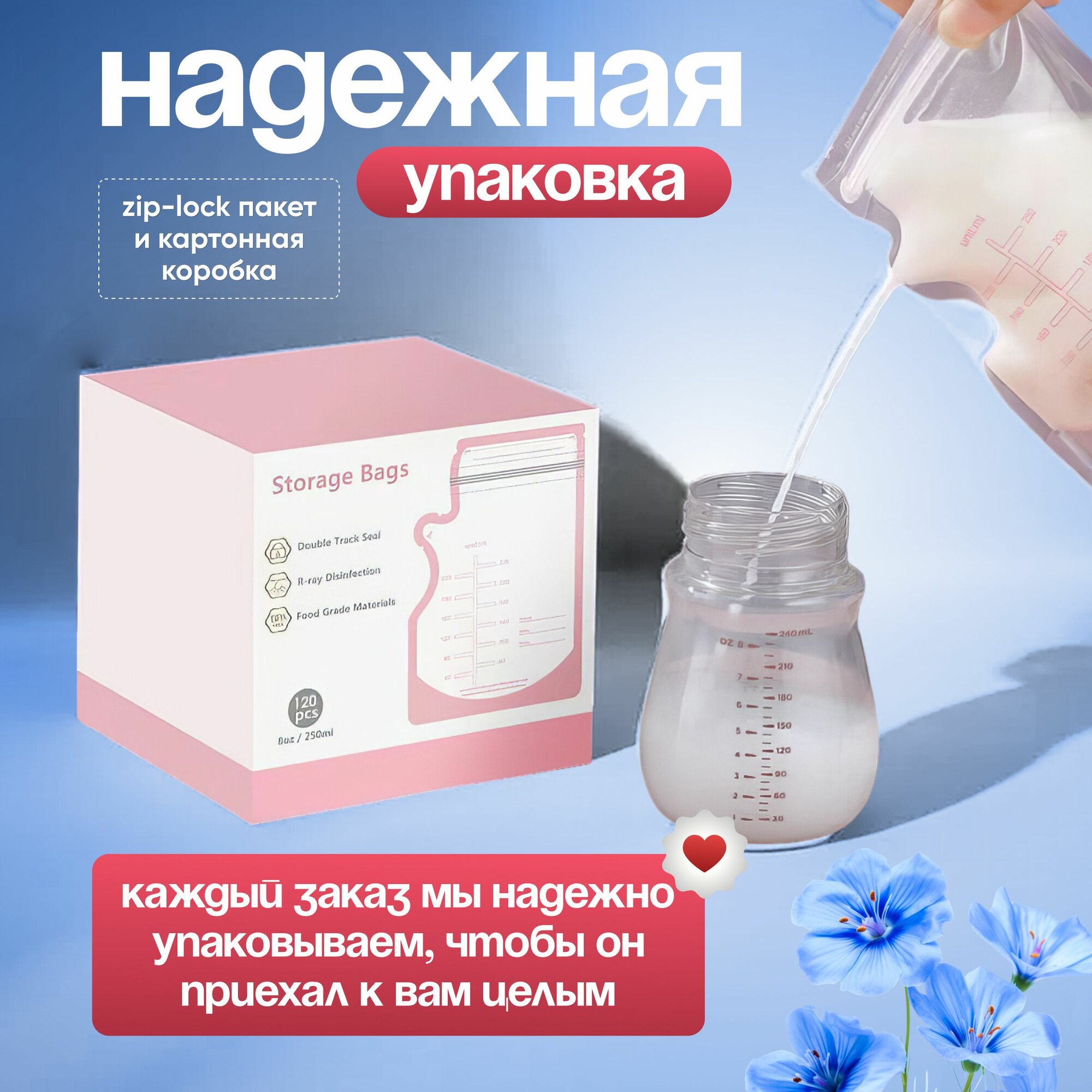 Пакеты для хранения грудного молока с двойной застежкой, 250 мл, 60 шт