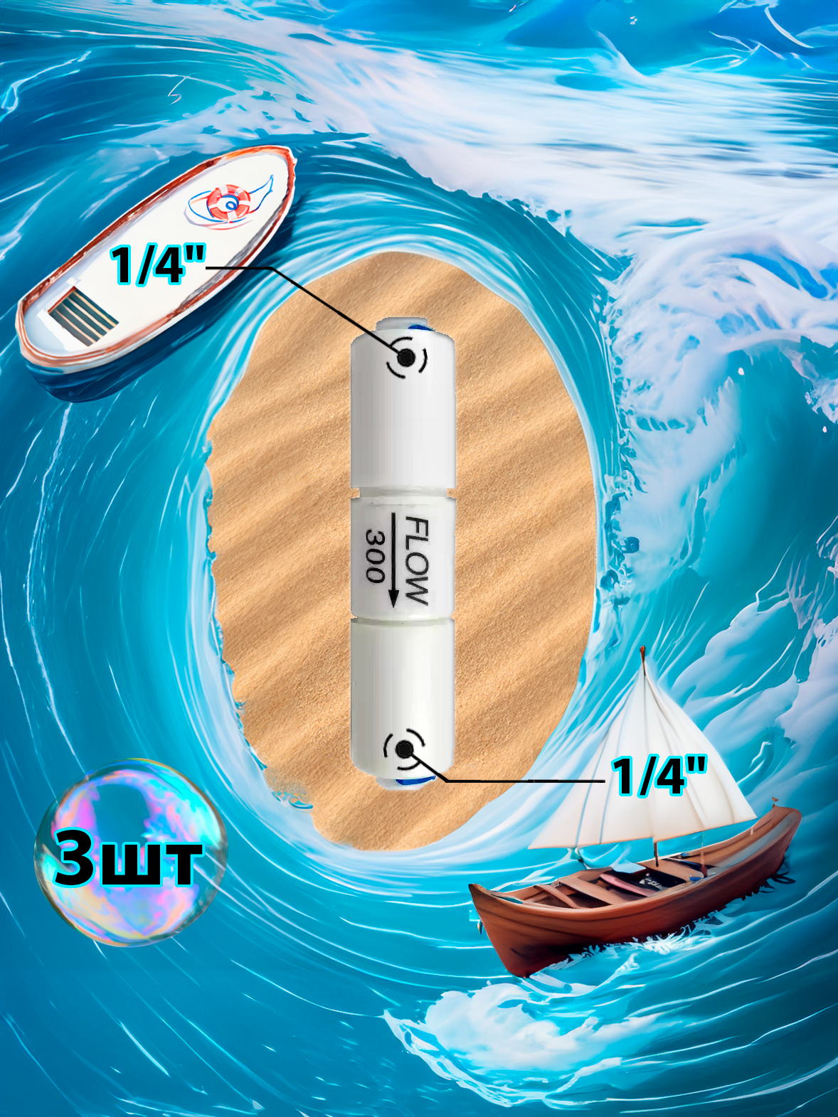 Ограничитель потока flow 300мл 1/4" трубка - 1/4" трубка (фитинги съемные для осмоса и фильтра) 3шт.