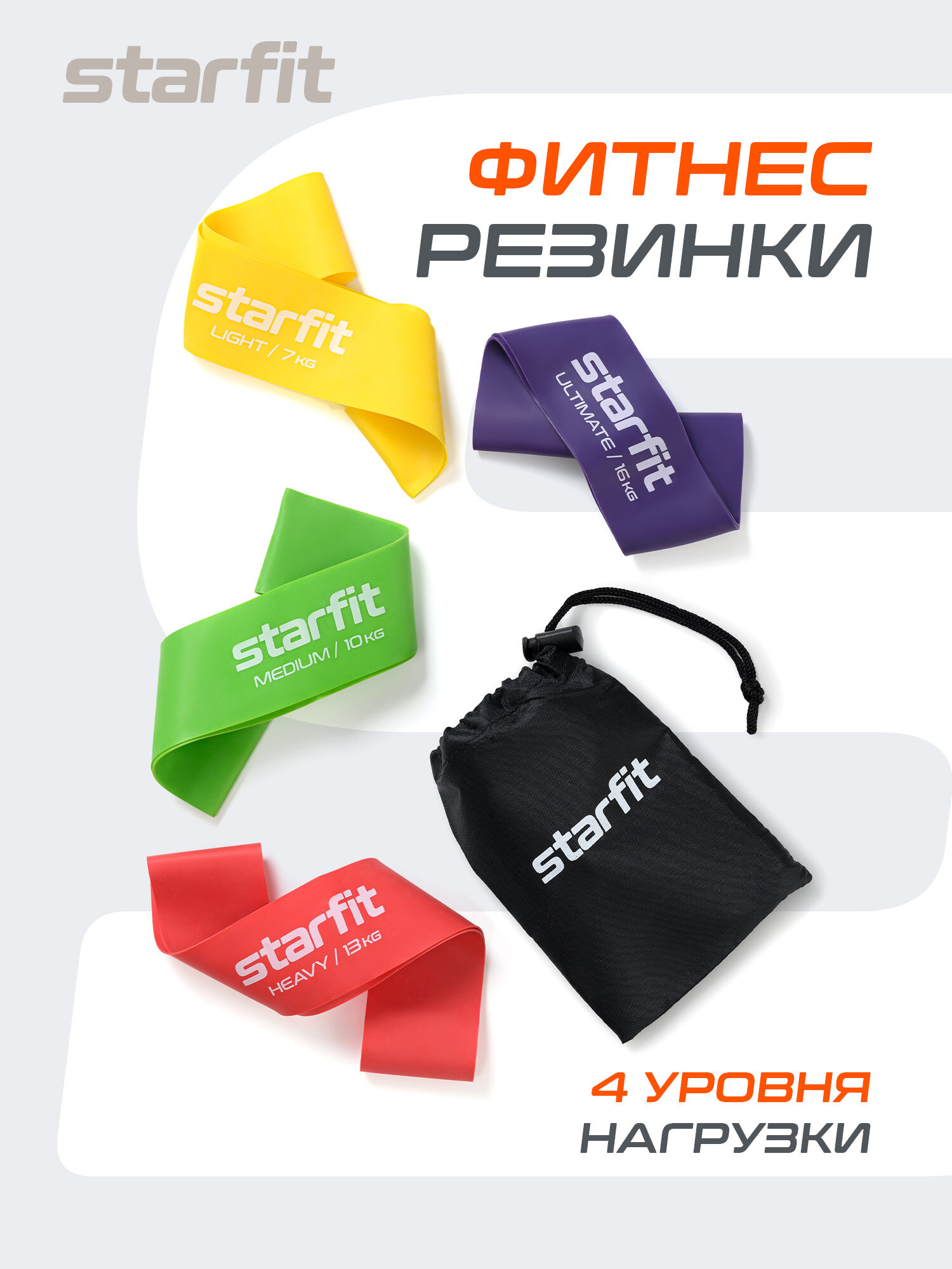Мини-эспандеры для фитнеса STARFIT ES-203, неон, 4 уровня нагрузки