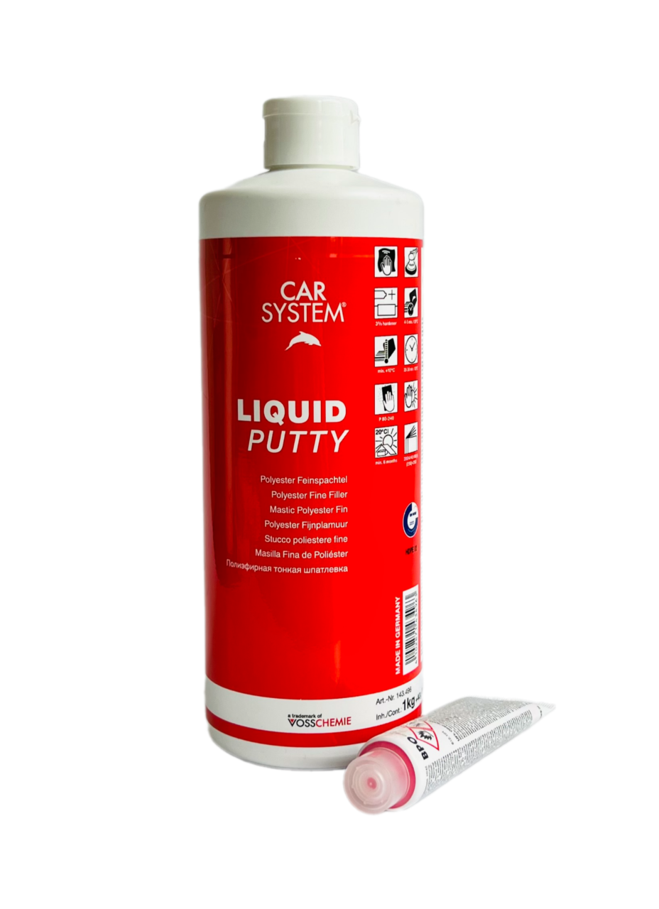 Шпатлевка 2К автомобильная жидкая самовыравнивающаяся CarSystem LIQUID PUTTY, бежевая 1.0кг, (с отвердителем) — фото 1