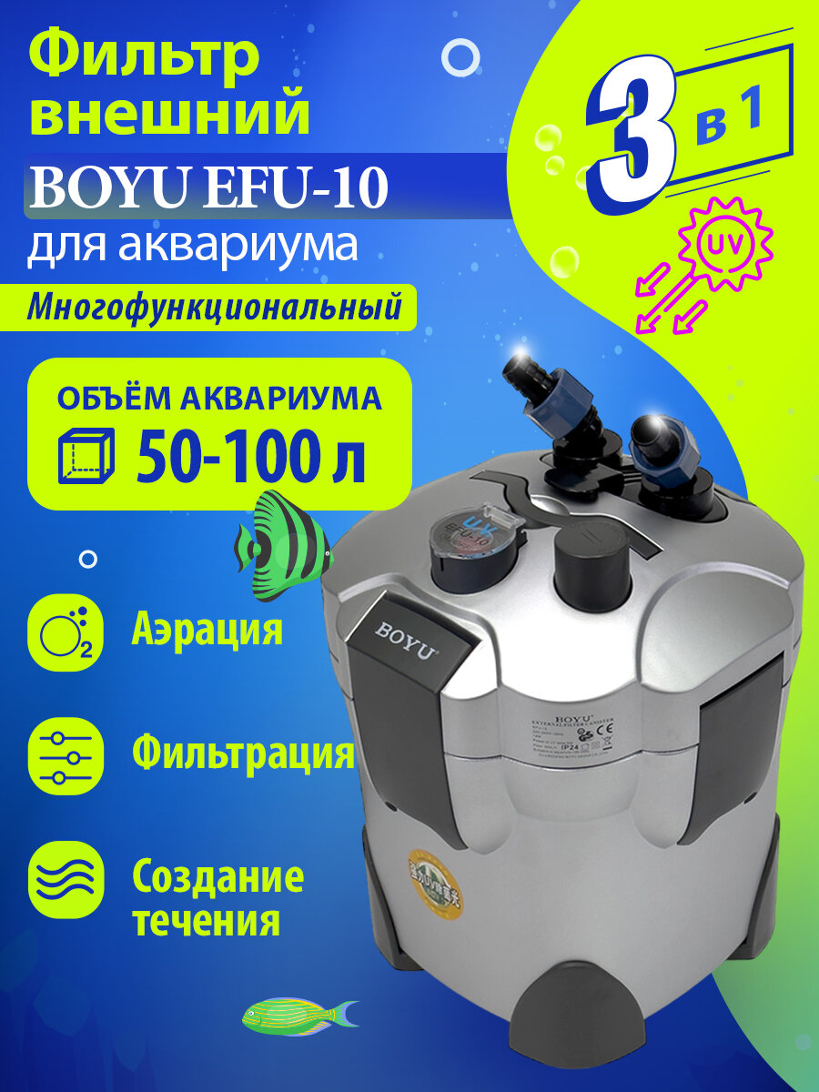 Фильтр внешний Boyu EFU-10 с УФ стерилизацией для аквариума 50-100 л канистровый 300 л/ч