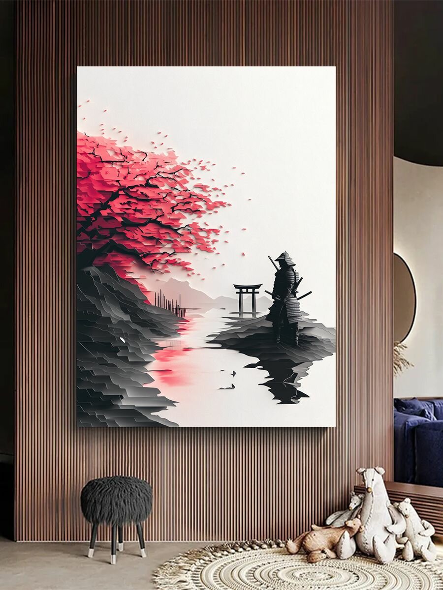 Картина на стену - "Японский стиль / Самурай и сакура" , 50х70 см.