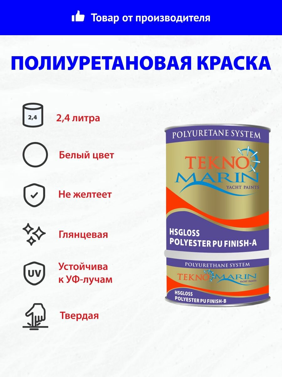 Полиуретановая белая краска 2,4 л для лодок и яхт, HSGloss Премиум