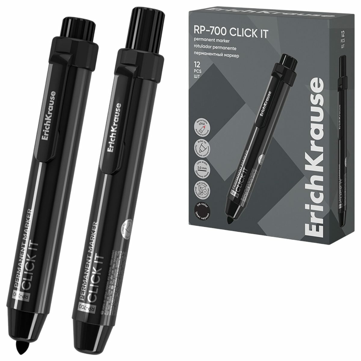 Маркер перманентный автоматический Erich Krause RP-700 Click it (2мм, черный) (60828), 12шт.