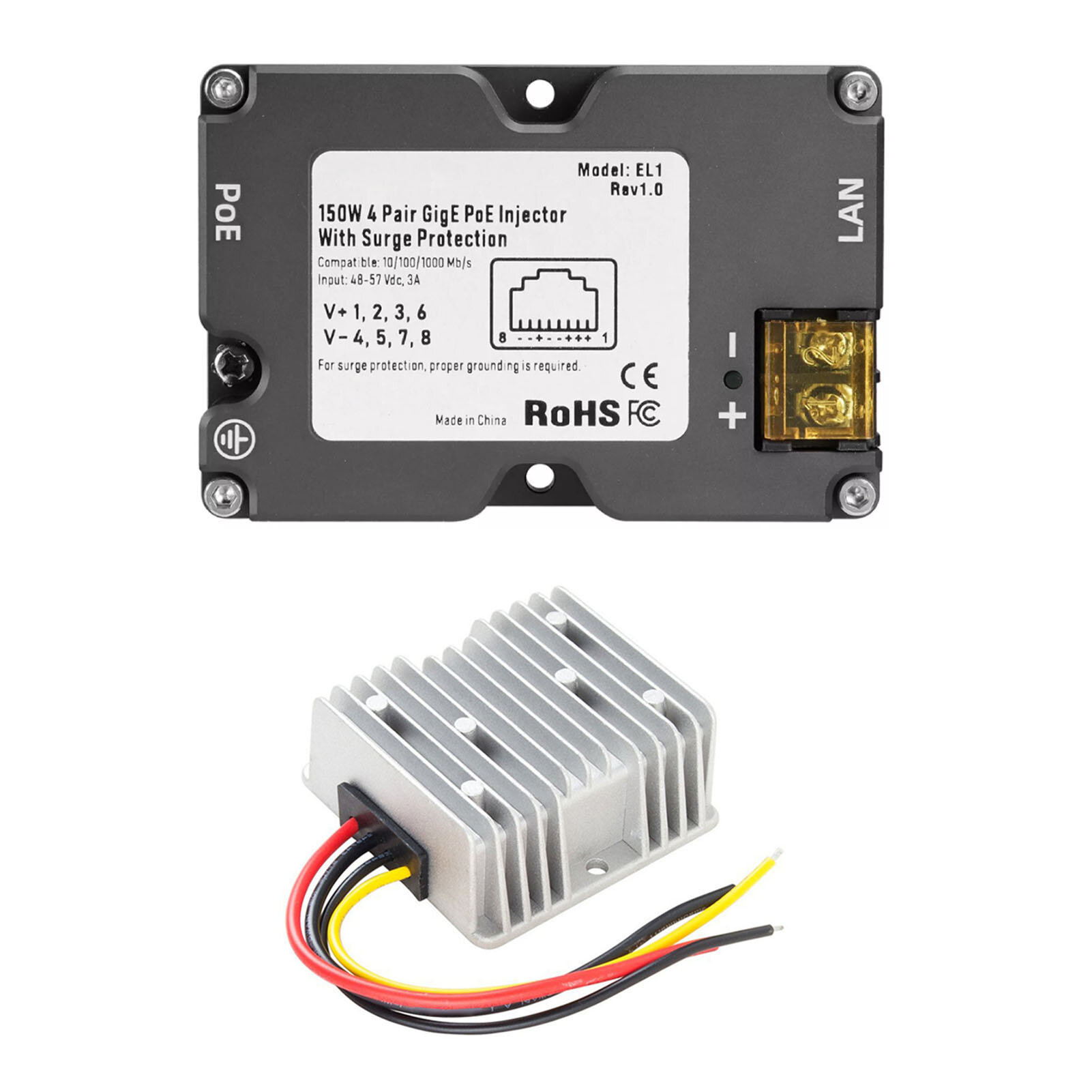 Инжектор PoE GigE мощностью 150 Вт, 48–57 В, с защитой от перенапряжения и электростатического разряда (ABS), повышающий преобразователь постоянного тока 12–48 В для спутникового телевидения Dish V2.