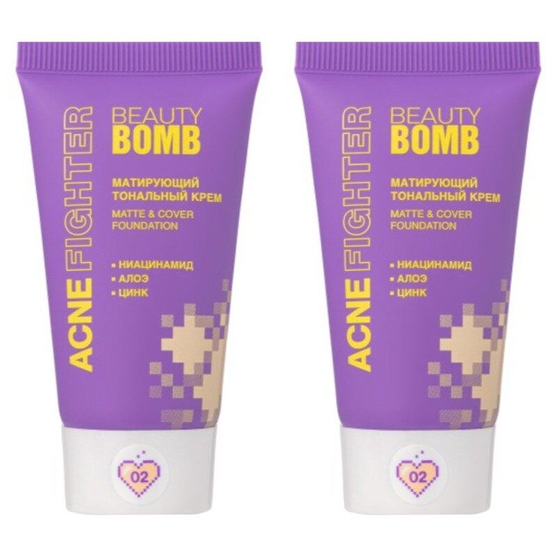 Тональный крем Beauty Bomb, Acne Fighter, Shade 02, матирующий, 25 мл, 2шт