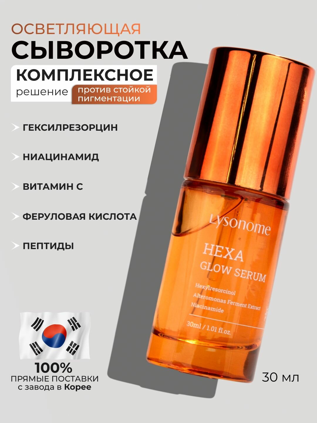 Отбеливающая сыворотка для лица от пигментации и постакне с ниацинамидом витамином С феруловой кислотой, Lysonome, 30мл