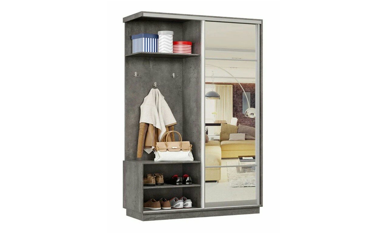 Прихожая комплект Маршал Лайт со шкафом, с вешалкой, с зеркалом, с обувницей, 100х45х240 см, Бетон, Левый