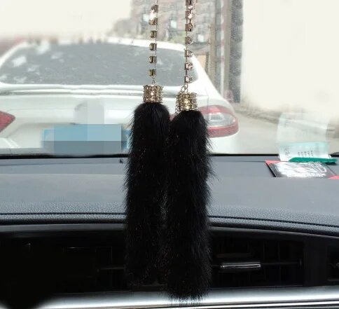 Подвеска для автомобиля из искусственного меха норки, украшение для салона автомобиля в виде зеркала заднего вида с кристаллами, лиса, подвеска из плюша, Black Mink fur