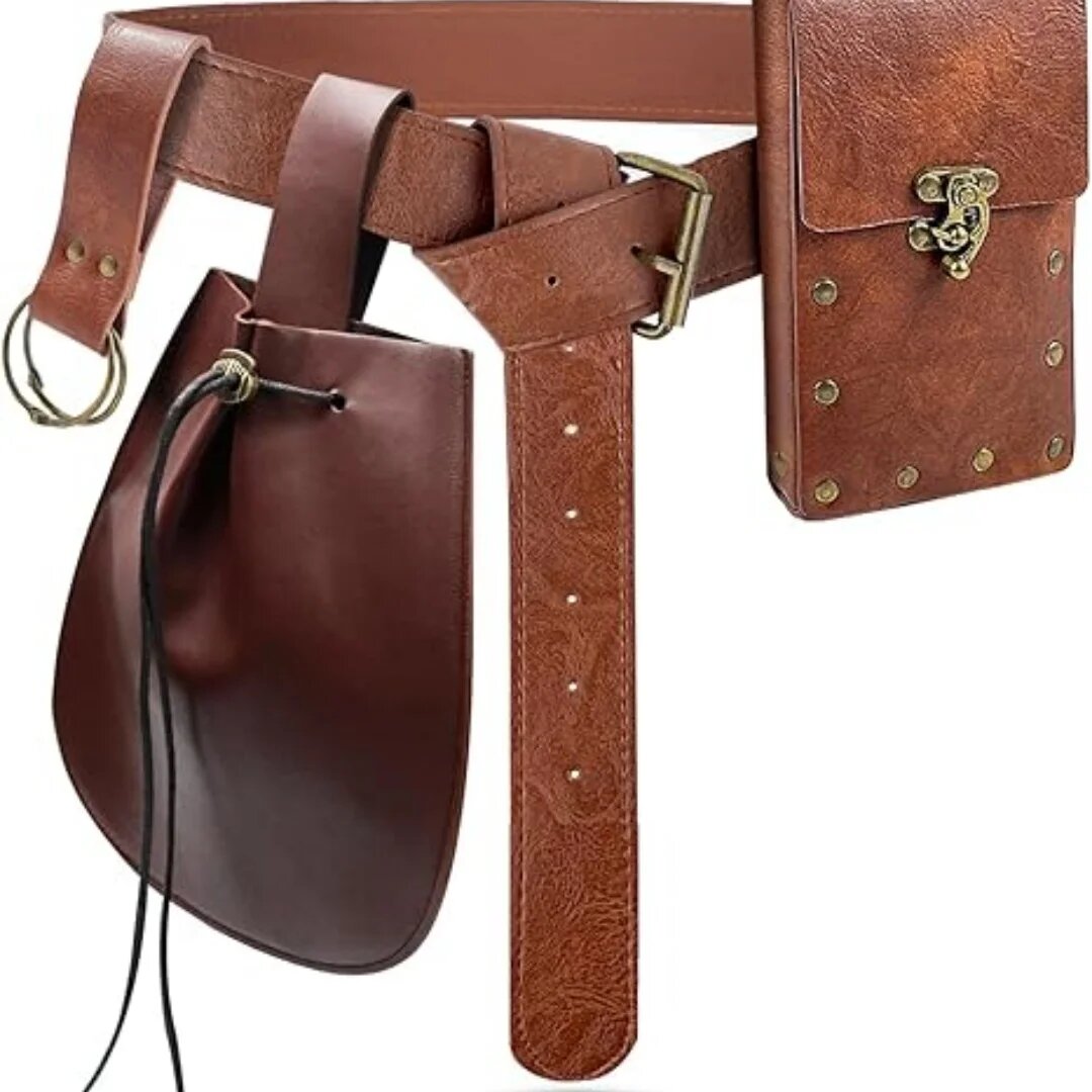 Кожаный набор поясной сумки и юбки-пояса в стиле Ренессанс и викингов Коричневый, StyleG 4PCS