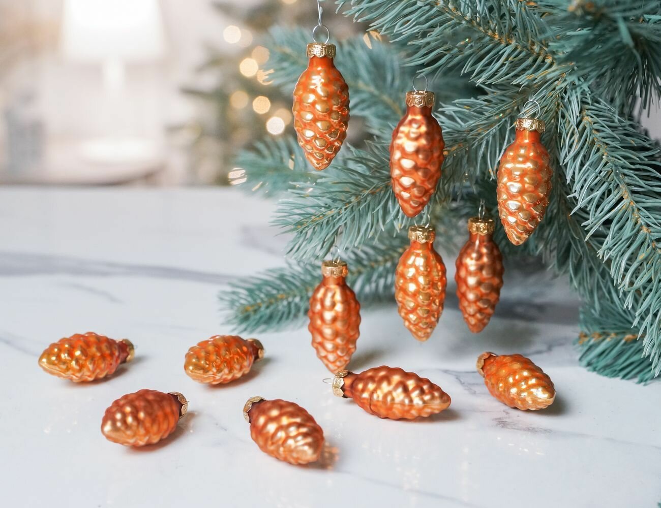 Набор ёлочных игрушек шишки-малышки стеклянные, эмалевые и матовые, цвет: янтарный, 60 мм, упаковка 12 шт, Kaemingk 012334