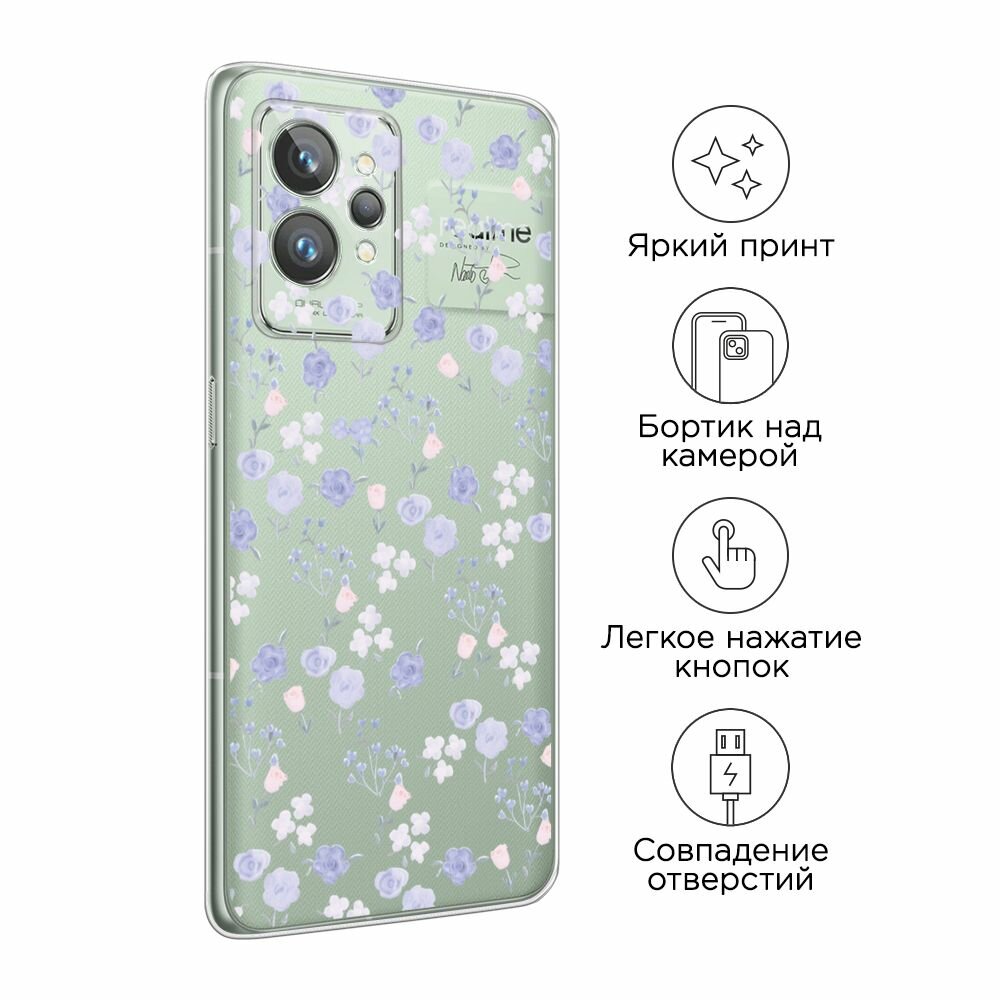 Чехол на Realme GT 2 Pro / Реалми GT 2 Про с принтом "Сиреневые розы паттерн", прозрачный — фото 1