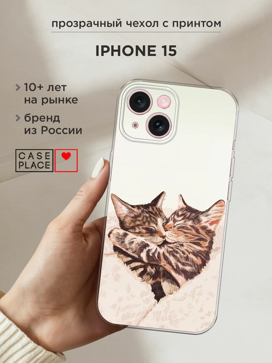 Чехол на Apple iPhone 15 / Айфон 15 с принтом "Влюбленные котейки - 14 февраля"
