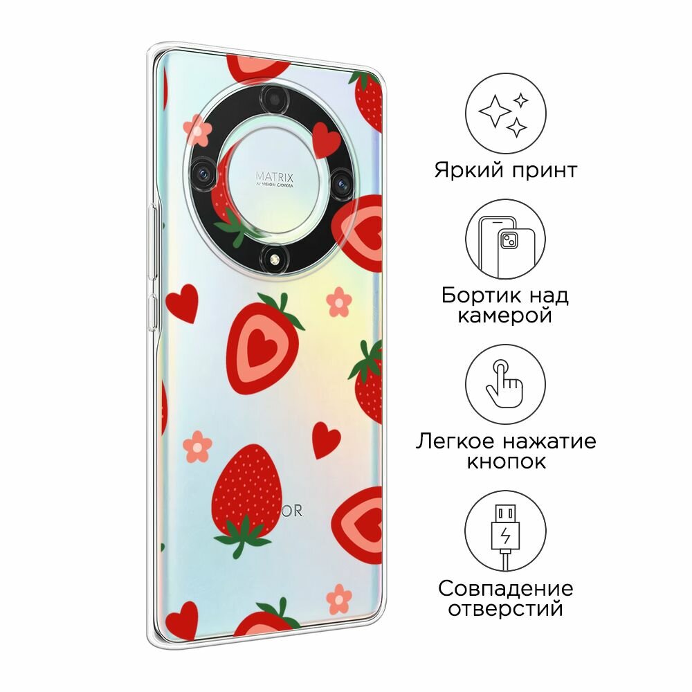 Чехол на Honor X9A / Хонор X9A с принтом "Heart strawberries 2 - 14 февраля", прозрачный — фото 1