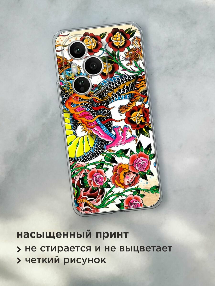 Чехол на Honor 400 Pro / Хонор 400 Про с принтом "Дракон в цветах" — фото 1