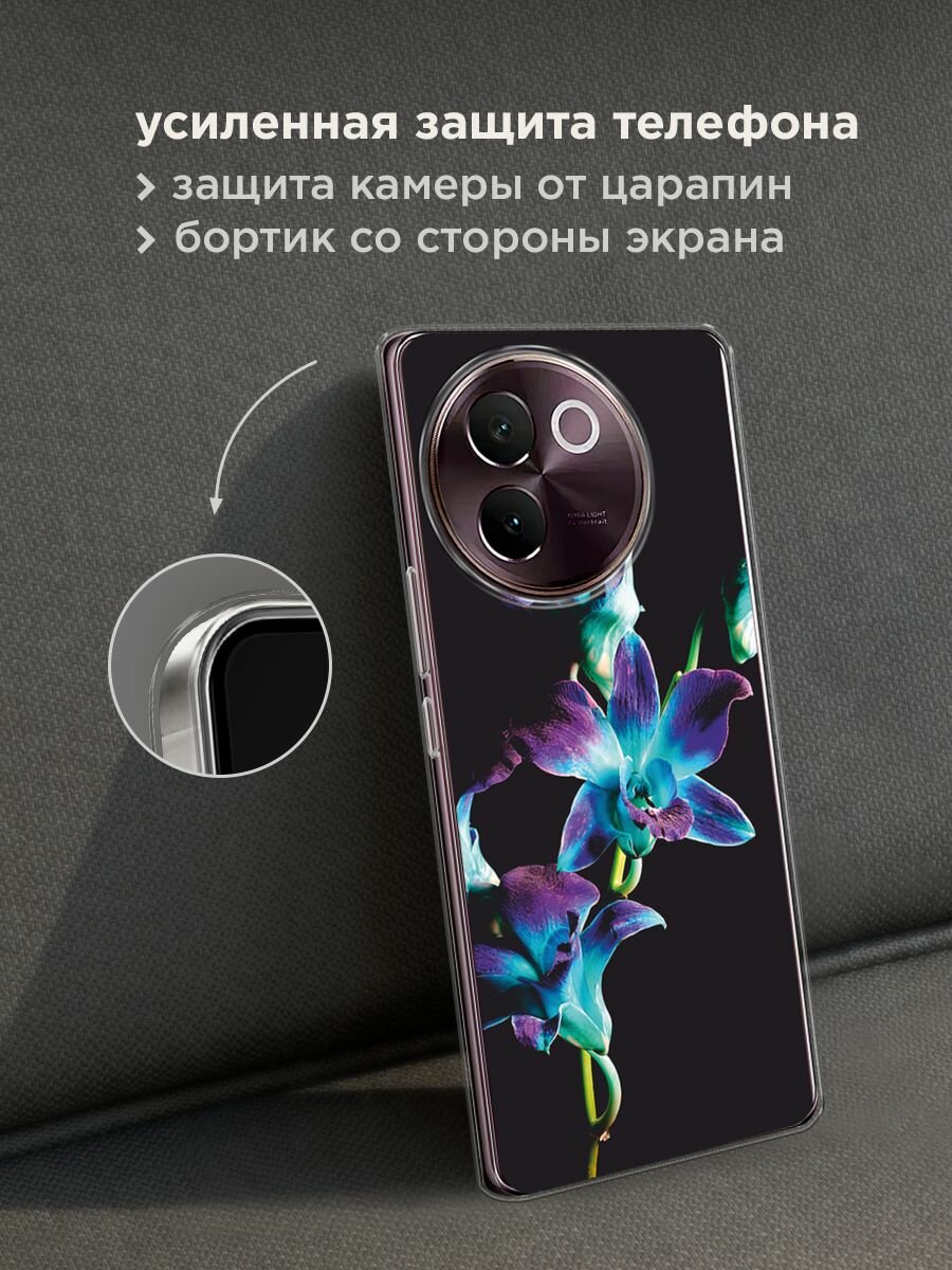 Чехол на Vivo V30e / Виво В30е с принтом "Синий цветок на черном" — фото 1