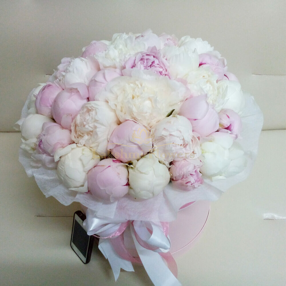 39 пионов / 39 розовых и белых пионов в розовой шляпной коробке