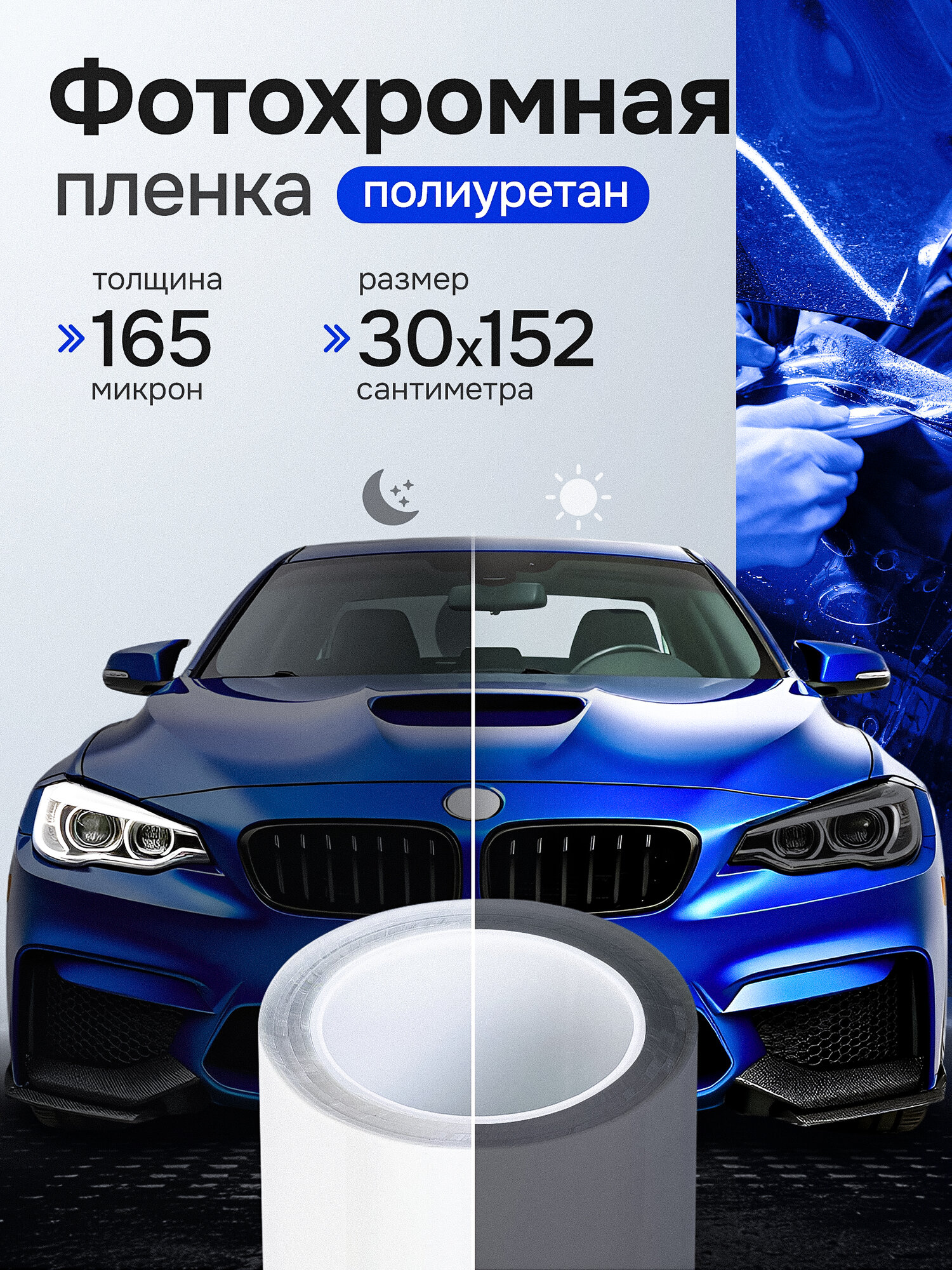 Фотохромная пленка с автозатемнением для фар автомобиля, 30х150 см. День - Ночь (пленка из полиуретана)
