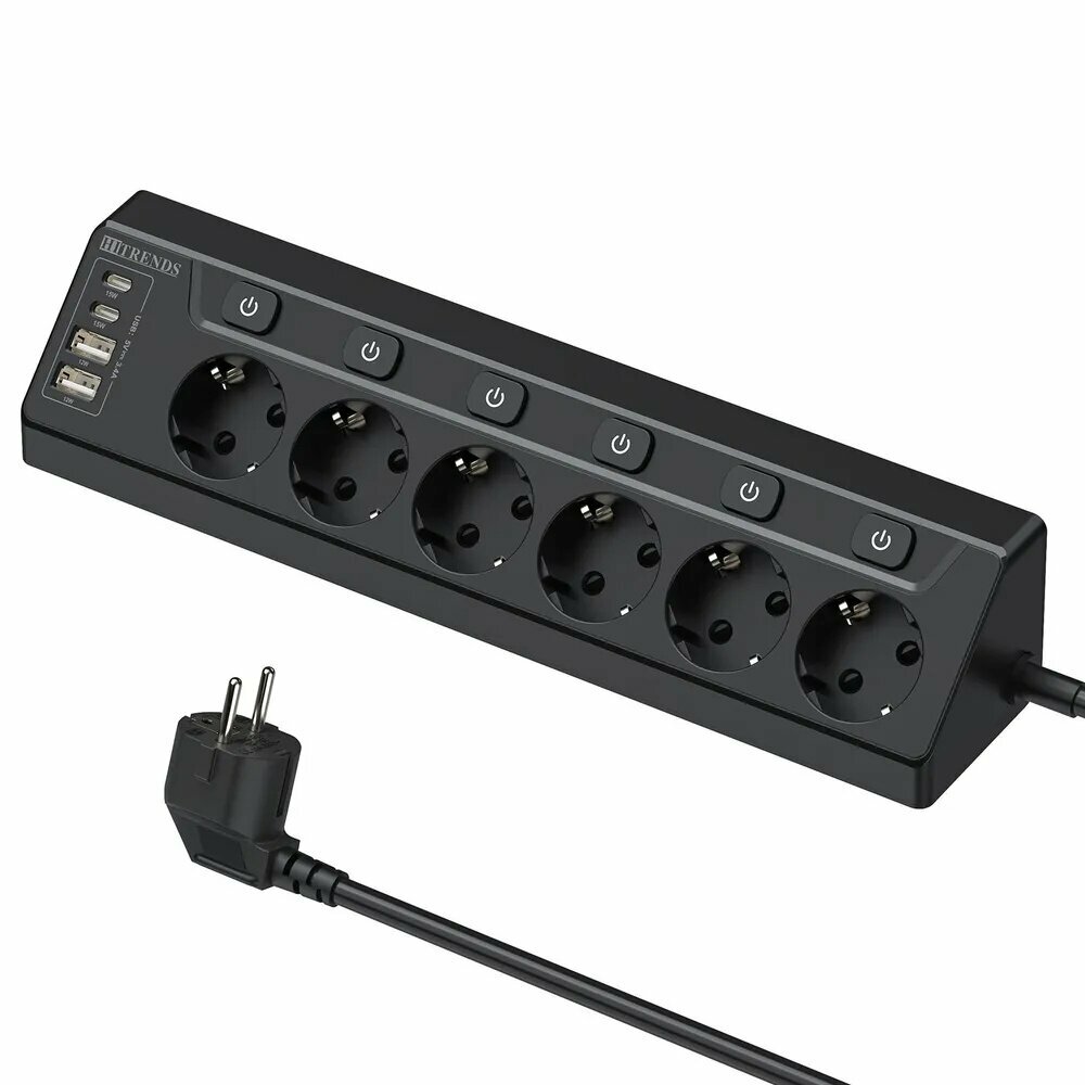 HITRENDS Удлинитель с 6 розетками и 2 USB + 2 Type-C, индивидуальные выключатели, защита от перегрузки, 4000W 16A 250V, огнестойкий и пылезащитный, кабель 2 м