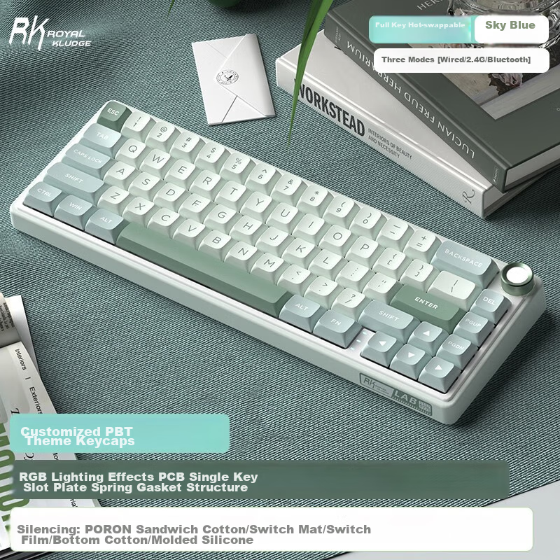 RK R65 Tri-Mode Custom Mechanical Keyboard, Wireless 2.4G Wired Bluetooth RGB Full-Key Hot-Swappable Gasket Structure, Computer Gaming Keyboard, Kongqingyanyu Switch V2