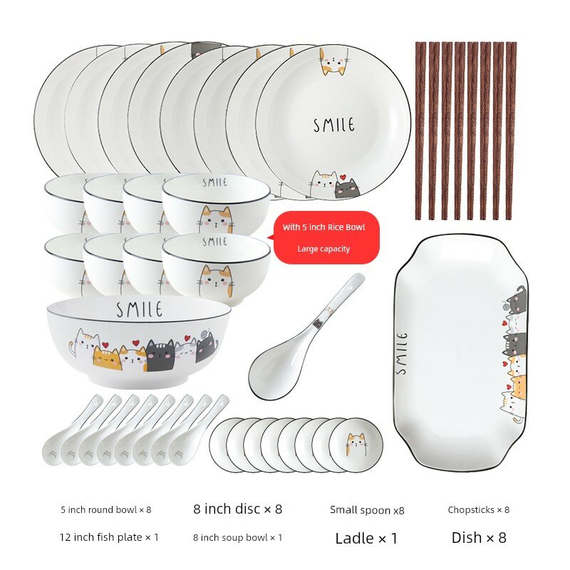 Кошачья тематика керамическая посуда, круглая форма, 8 персон, 43 предмета с 5-дюймовыми тарелками, современное