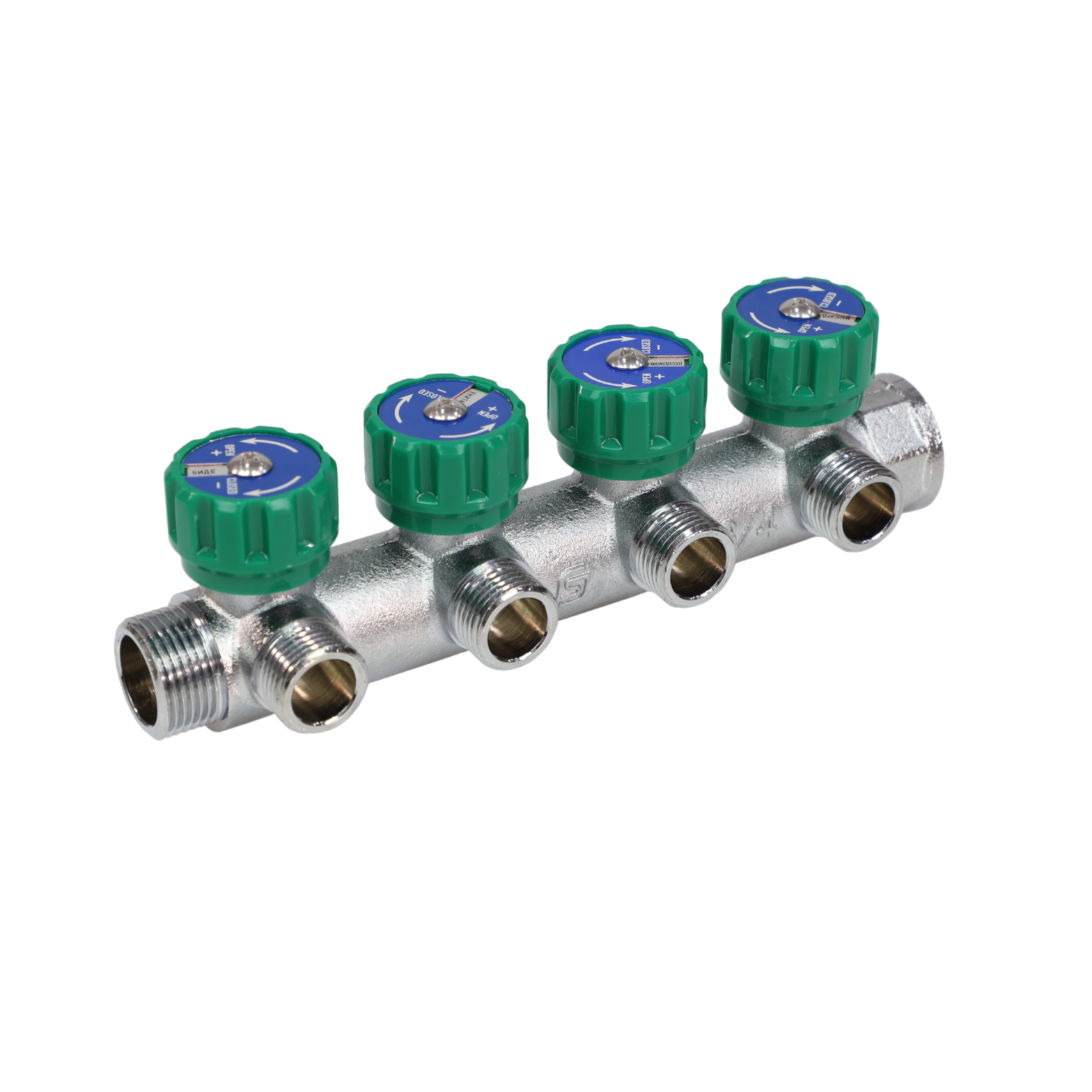 Коллектор латунь 3/4" ВР/НР на 4 вых 1/2" НР м/о 45мм под плоское уплотнение с регулирующими клапанами SantechSystems