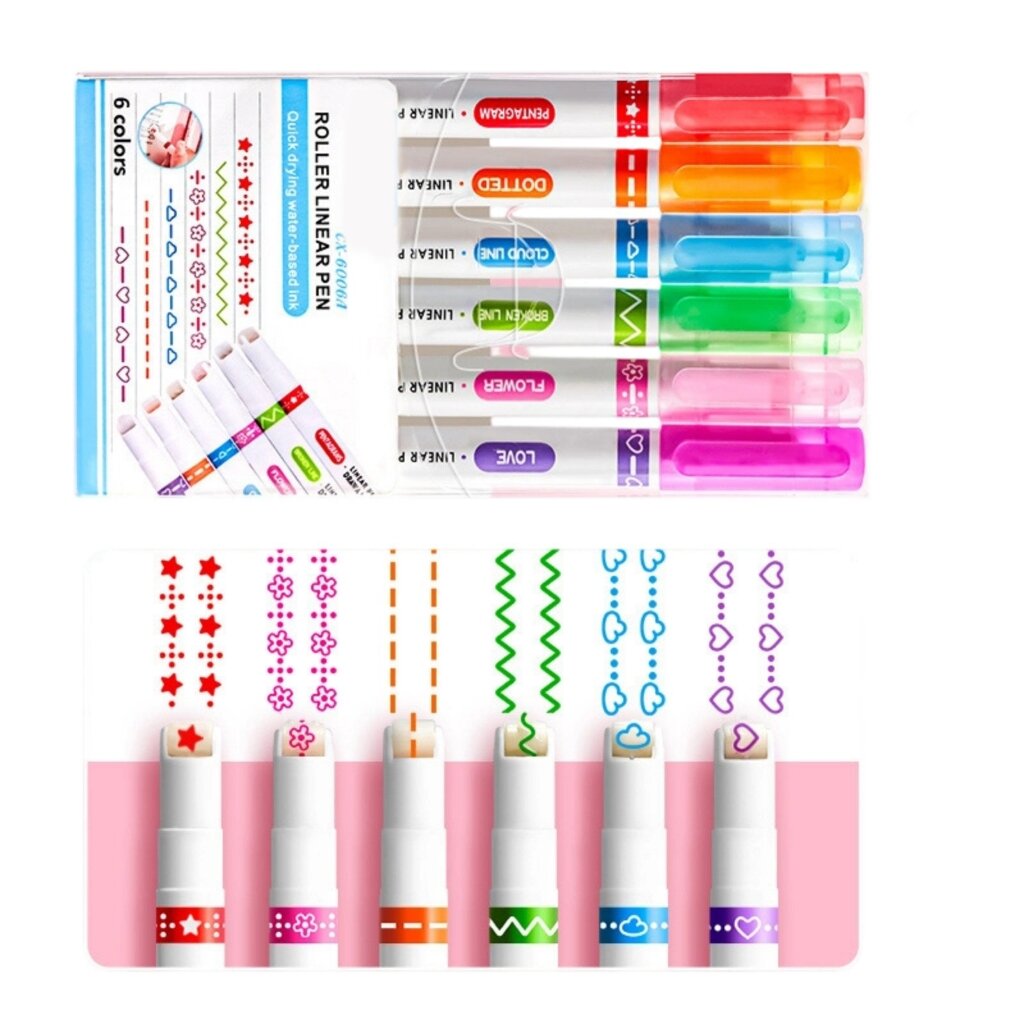6ШТ Ручки-маркеры Curves, креативные линейные маркеры для заметок ручной работы, школьных проектов, художественных принадлежностей, плавный поток чернил