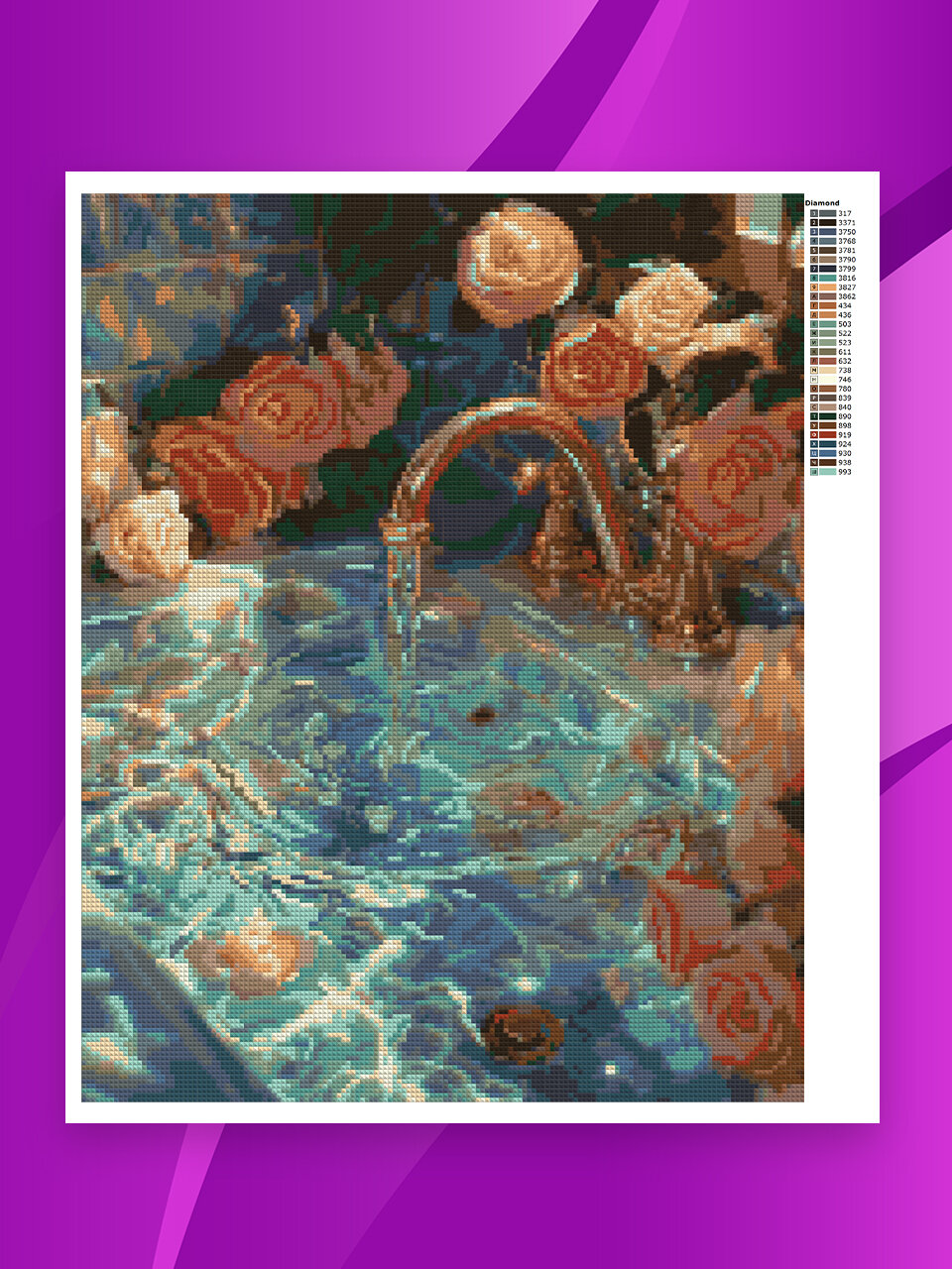 Алмазная мозаика без подрамника - вышивка - Раковина в цветах 40 х 50 см