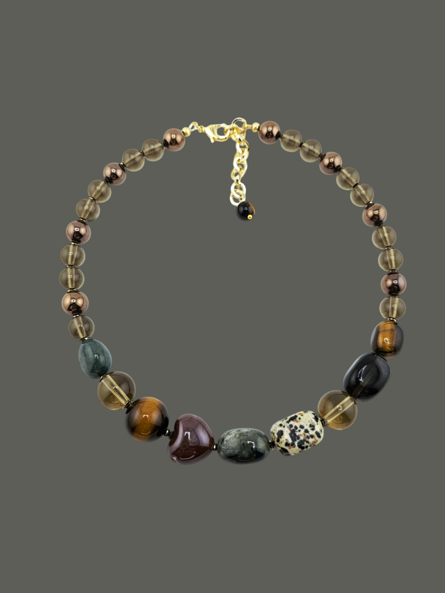 Колье, яшма, раухтопаз, тигровый глаз